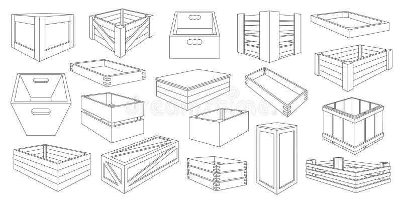 Line Wooden Boxes. Closed and Open Wooden Crate Package, Traditional ...