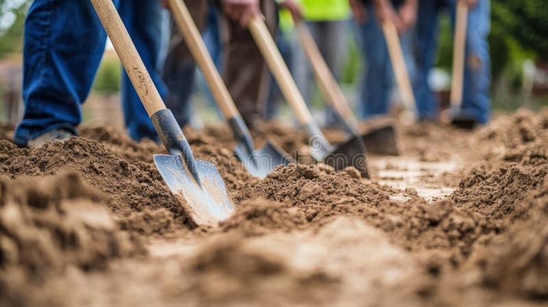 Line of Workers Digging Soil with Shovels on Construction Site Stock ...
