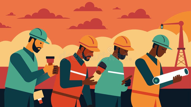 A Line of Workers in Hard Hats Cautiously Drawing Samples from a ...