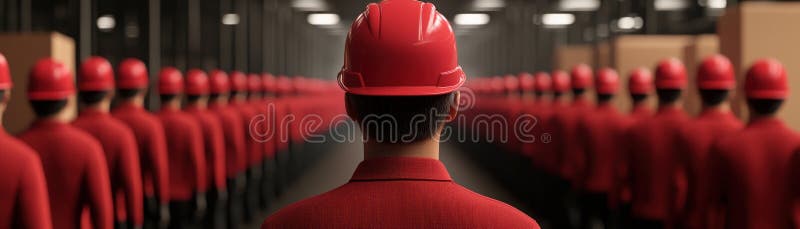 A Line of Workers in Red Uniforms Preparing for a Task in a Modern ...