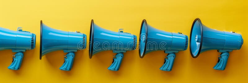 Line of Yellow and Blue Megaphones on Bright Yellow Backdrop for ...