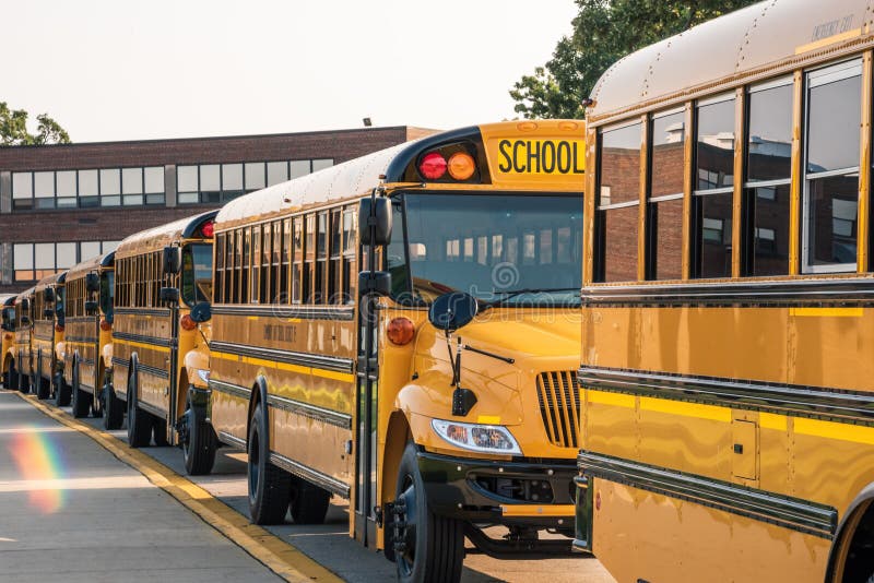 Line of Yellow Buses Along Sidewalk in Front of School Stock Photo ...