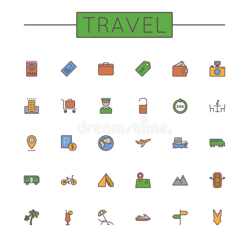 Linea Icone Di Viaggio Colorata Vettore Illustrazione Vettoriale ...