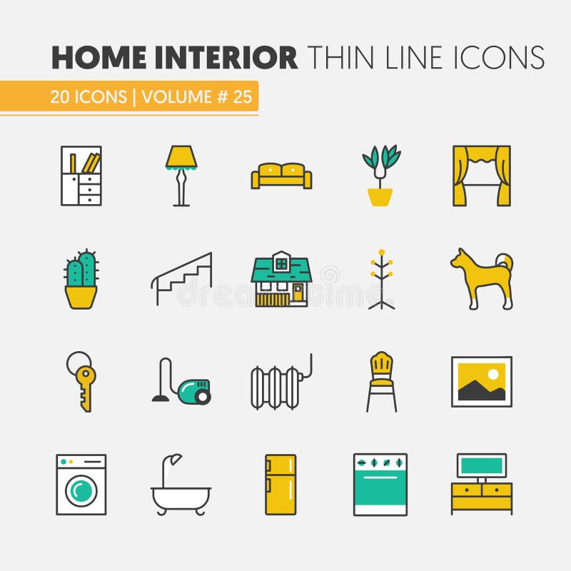 Linea Sottile Lineare Interna Icone Della Camera Messe Con Mobilia ...