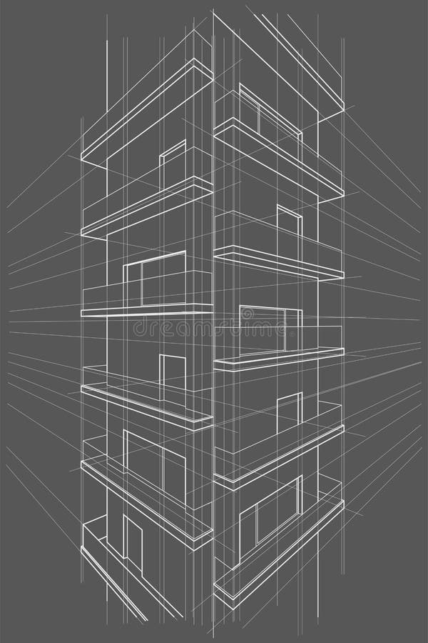 Linear Sketch Multi-storey Building Perspective on Gray Background ...