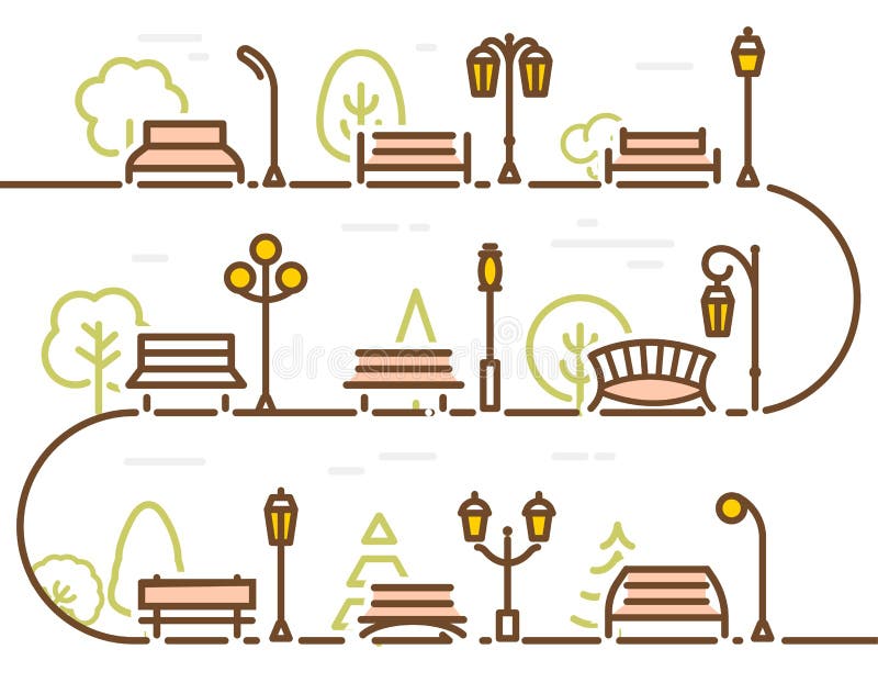 Linear Abstract Street with Park Elements. Forest Tree, Park Bench and ...
