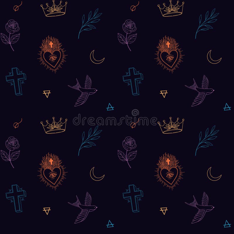 Linear Alchemy Seamless Pattern. Vintage Hearts, Cross, Rose, Space and ...