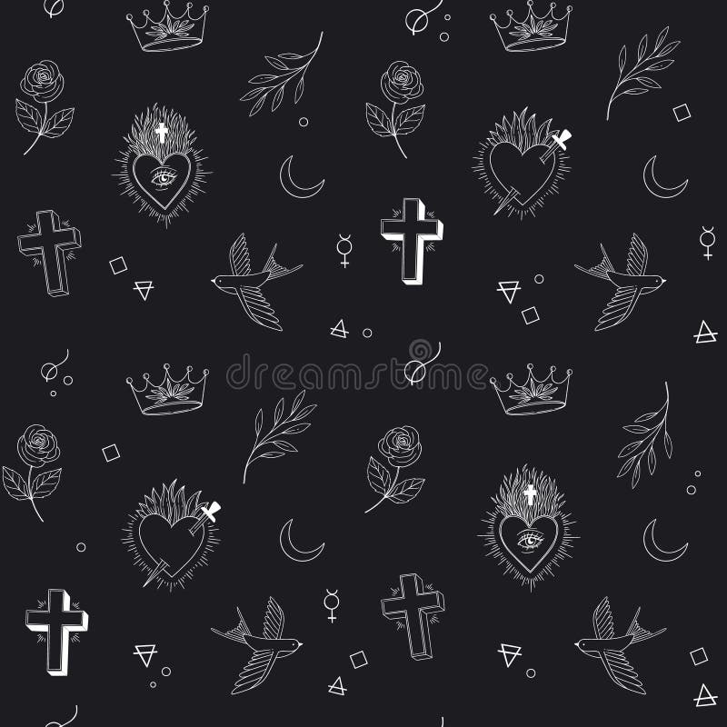 Linear Alchemy Seamless Pattern. Vintage Hearts, Cross, Rose, Space and ...