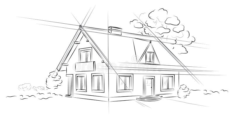 Linear Architectural Project of Detached House - Vector Illustration ...