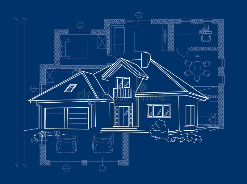 Linear Architectural Project of Detached House - Vector Illustration ...