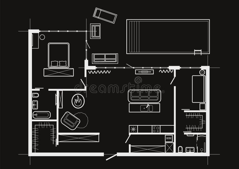 Architectural Section Plane Sketch Cottage with Pool on Black ...