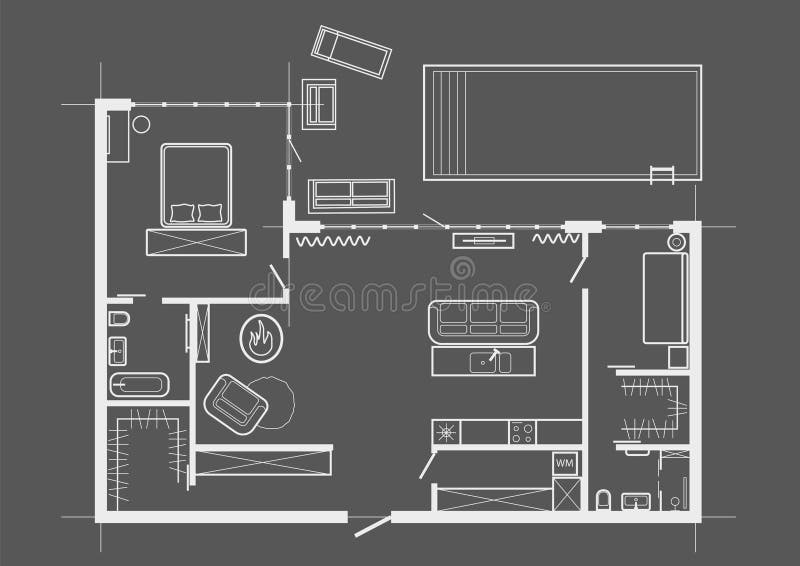 Linear Architectural Section Plane Cottage with Pool on Gray Background ...