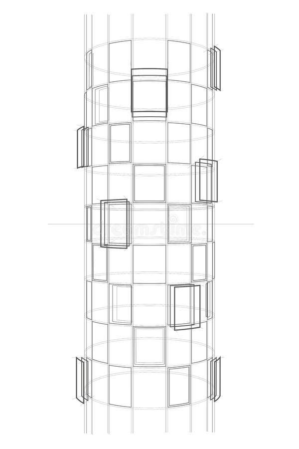 Linear Architectural Sketch Abstract Round Building Frame on White ...