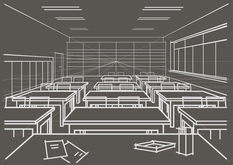 Linear Architectural Sketch Interior Classroom Stock Vector ...