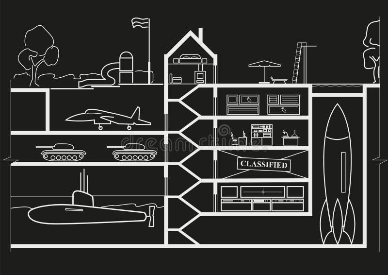 Linear Architectural Sketch Hidden Underground Millitary Base on Black ...