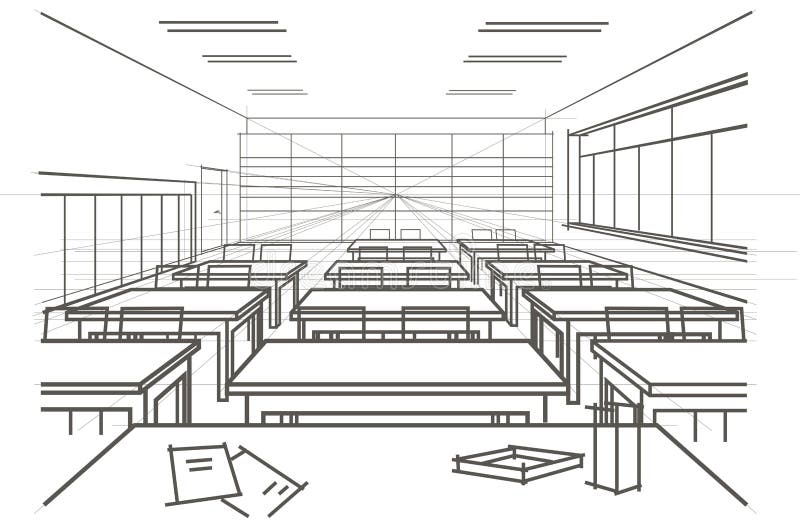 Linear Architectural Sketch Interior Classroom Stock Vector ...