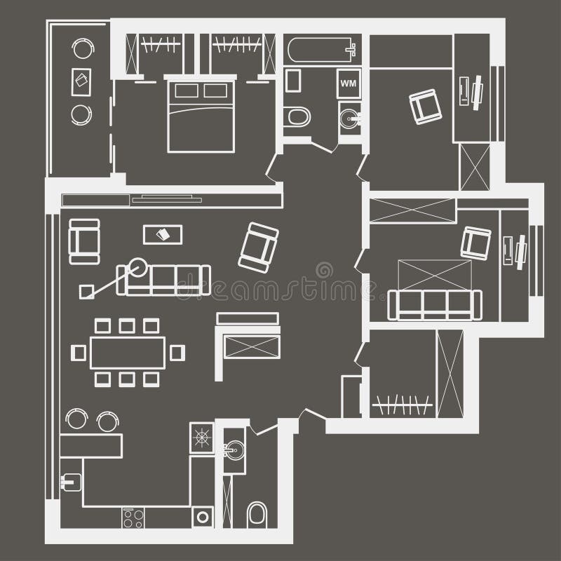 Linear Architectural Sketch Plan of Three Bedroom Apartment on Gray ...