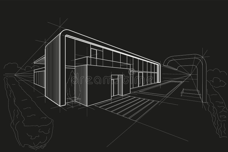 Linear Sketch Residental Building - Cottage Perspective on Black ...