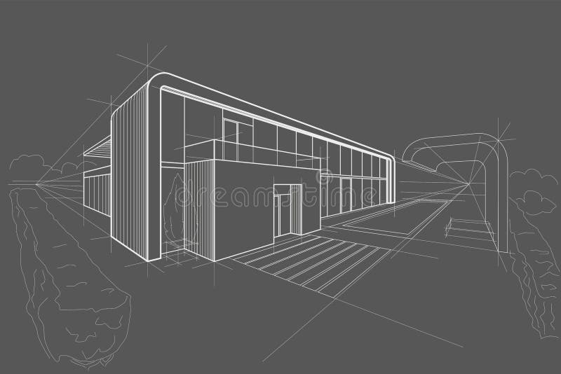 Linear Sketch Residental Building - Cottage Perspective on Gray ...