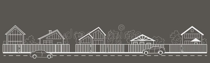 Linear Architectural Sketch Village Street Front View on Gray ...