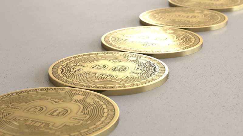 Linear Array of Gold Bitcoins on a Light Gray Surface Stock ...