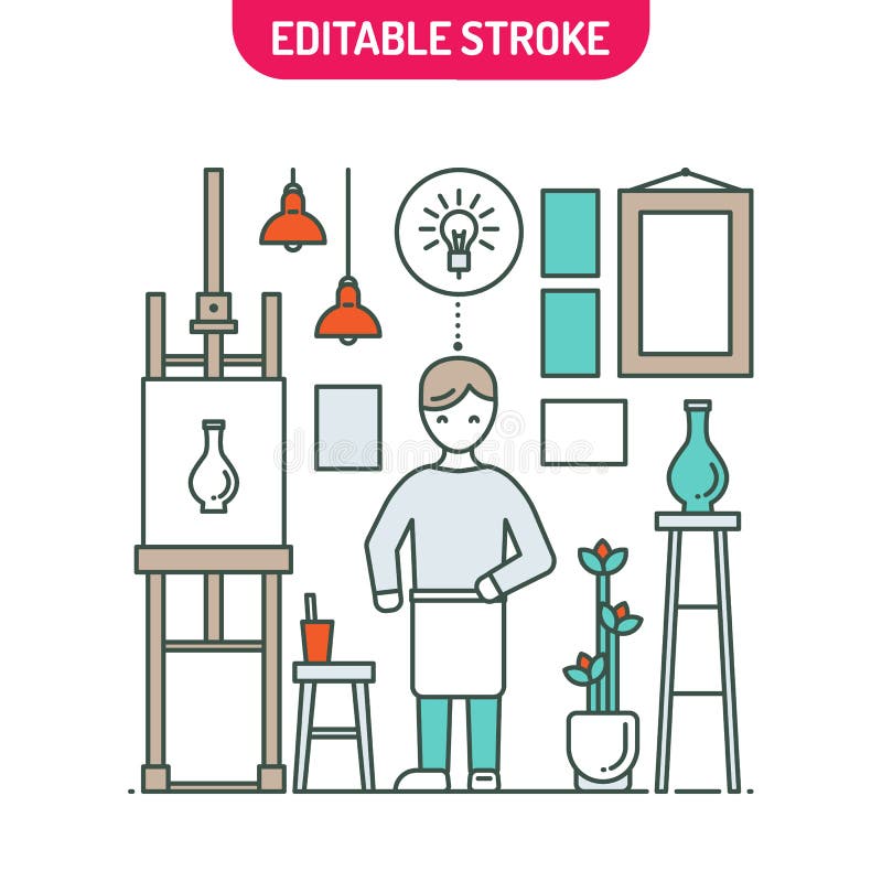 Linear Art Workshop. Artist Painting Picture in Studio Line Art. Vector ...