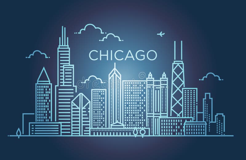 Linear Banner of Chicago City. Line Art. Stock Vector - Illustration of ...