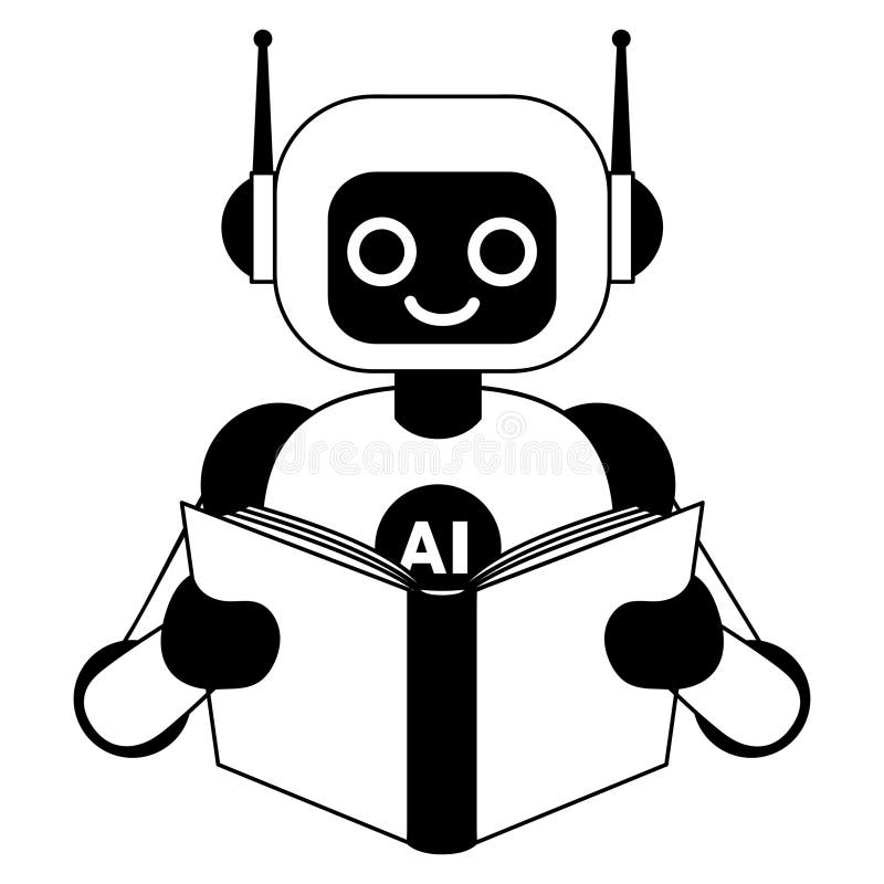 Linear Black and White Illustration of a Robot Reading a Book Stock ...