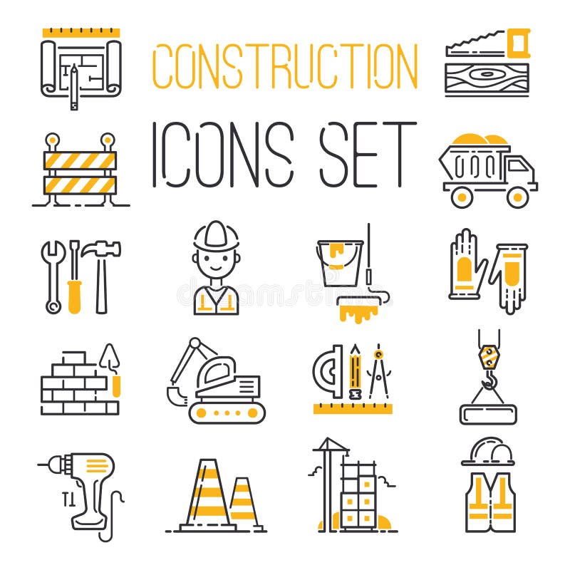 Linear Black Yellow Construction Icons Set Universal Web and Mobile ...