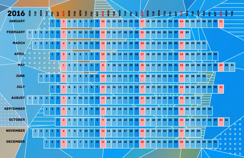 Linear calendar 2016 stock vector. Illustration of number - 61001817