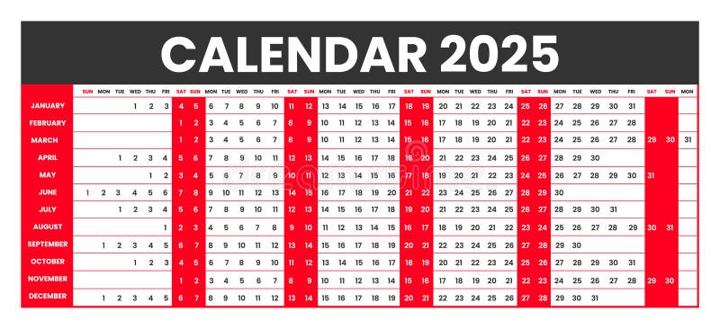 Linear Calendar for 2025. Horizontal or Landscape Orientation Grid 2025 ...
