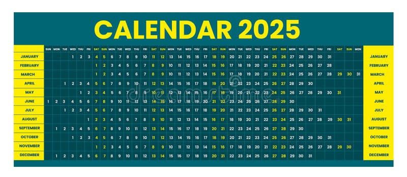 Linear Calendar for 2025. Horizontal or Landscape Orientation Grid 2025 ...