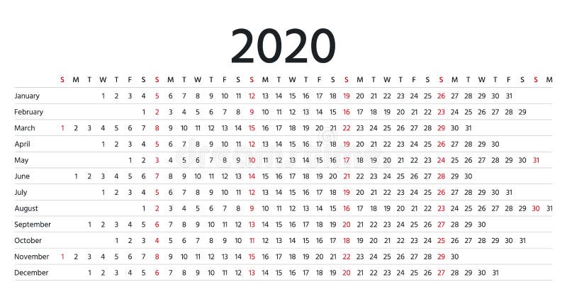 Linear Calendar 2020. Vector Illustration. Template Diary Planner Stock ...