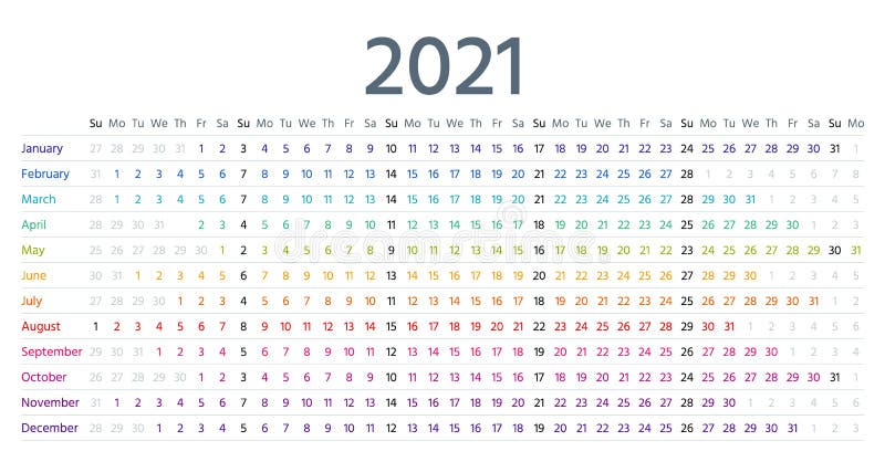 Linear Calendar 2020. Vector Illustration. Template Diary Planner Stock ...