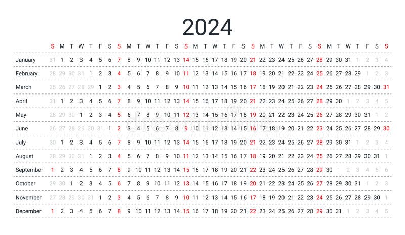 Linear Calendar for 2024 Year. Vector Illustration. Yearly Calender ...