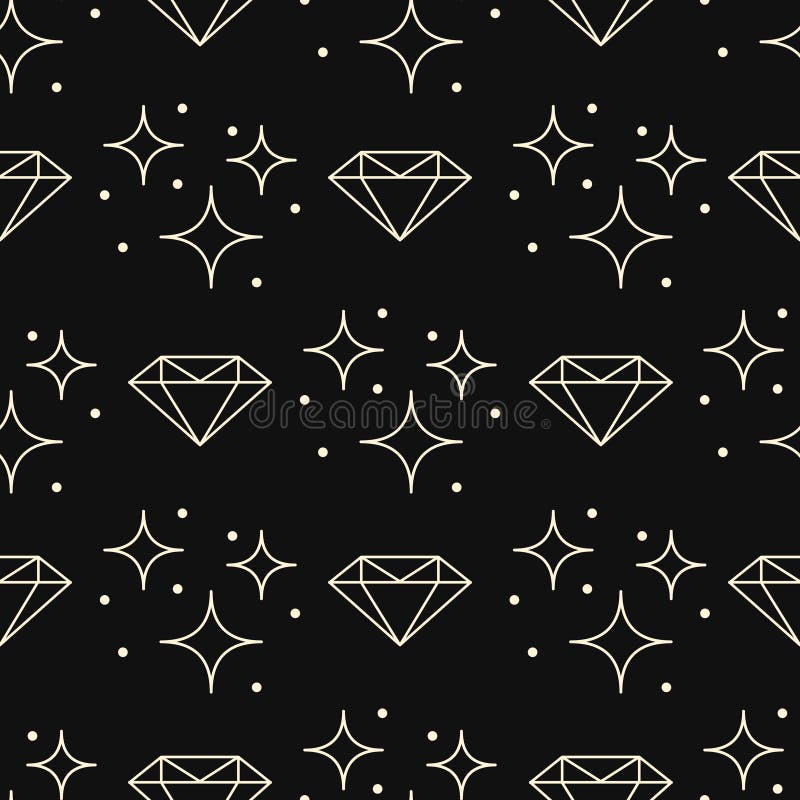 Linear Diamond and Stars on Black Vector Seamless Pattern. Outline Gem ...