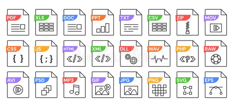 Linear File Format Icons with Various Format PDF, JPG and MP3, JS and ...