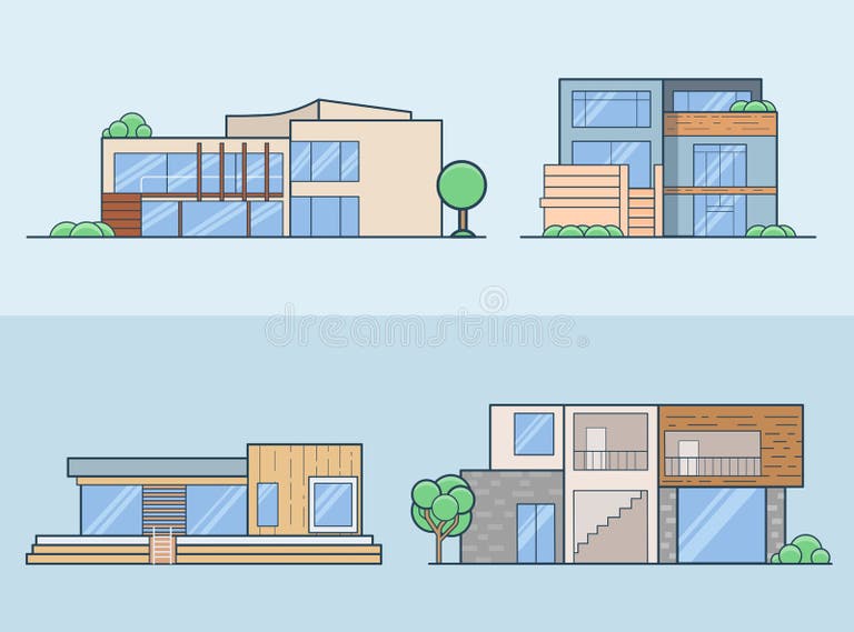 Linear Flat House Model Front Side View Vector Set Stock Vector ...