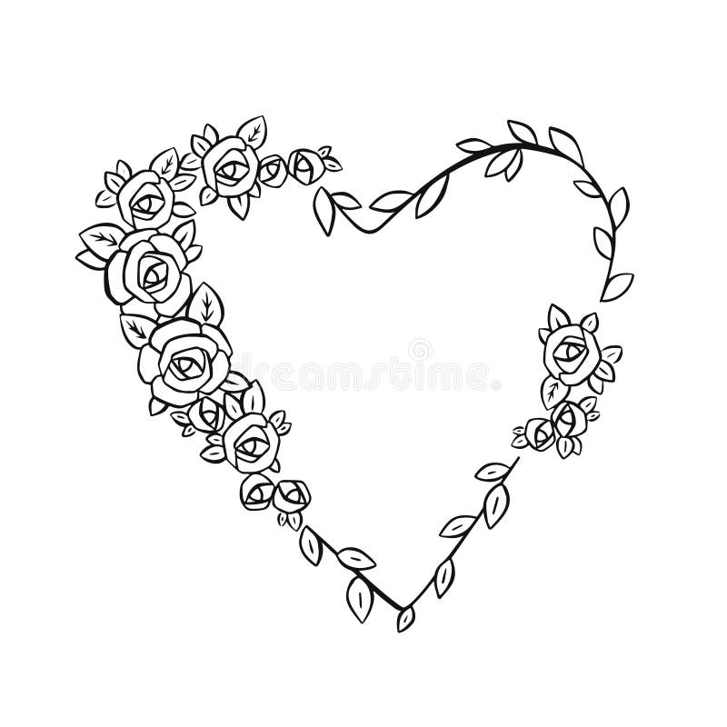 Linear Heart Frame Made of Roses. Sketch Outline Vector Illustration Stock Vector - Illustration ...