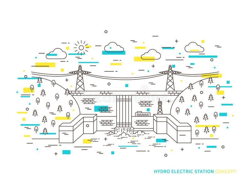 Linear Hydro Electric Station Hydroelectric Power Plant Vector ...