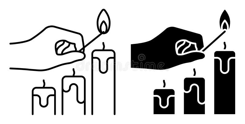 Linear Icon. Hand Holds Burning Match Over Candles. Preparing for the ...