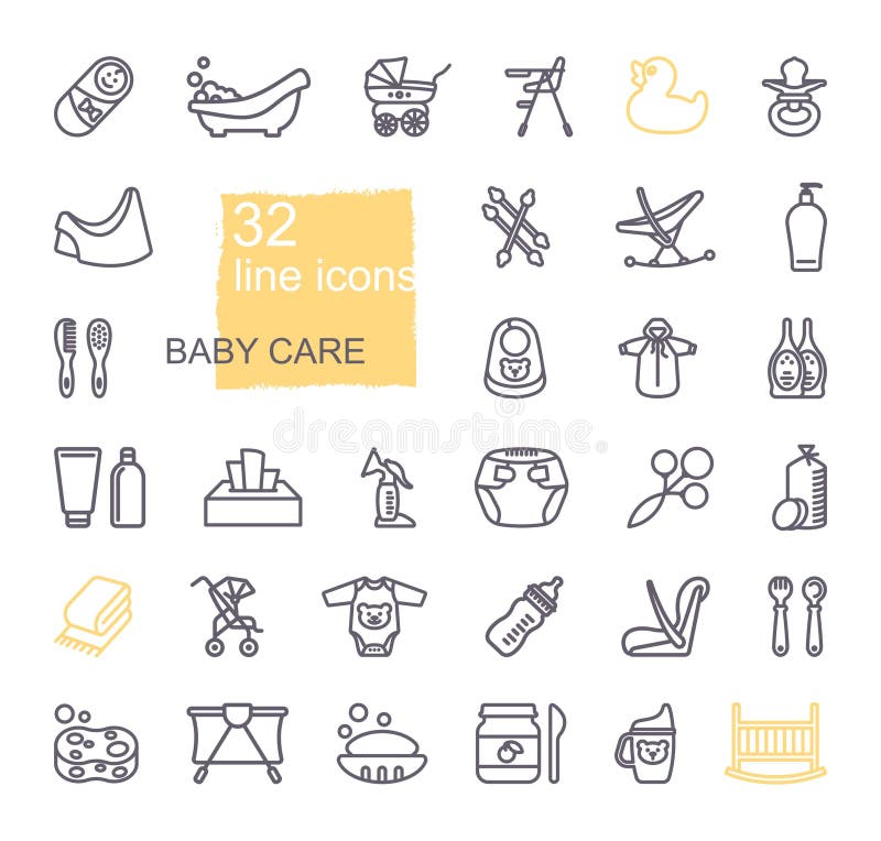Linear Icons on the Theme of Child Care. Feeding and Bathing of ...