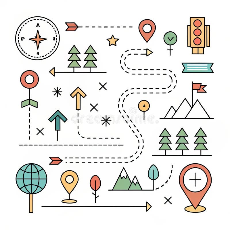 Linear Journey Map Compass, Arrows, Location Pins, Path, Adventure ...