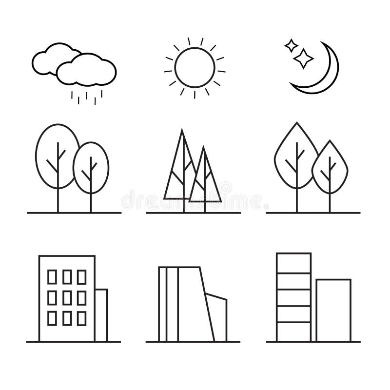 Linear Landscape Elements Icons Set Stock Illustration - Illustration ...