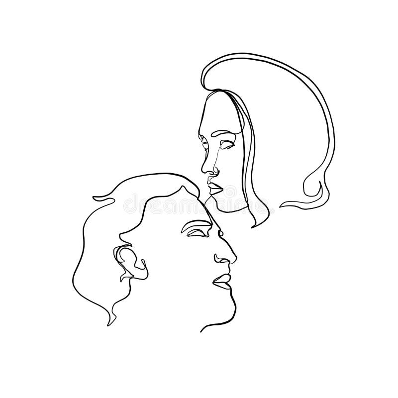 Linear Lovers. Man and Woman Faces in Minimal Style Stock Vector ...