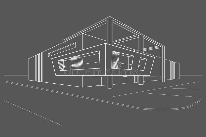 Linear Modern Abstract Building with Overhanging Part on Gray ...