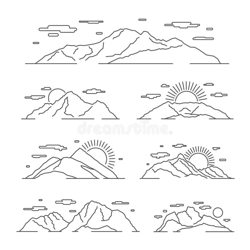 Linear Mountains Vector Illustration. Line Mountain Alps Landscape Set ...