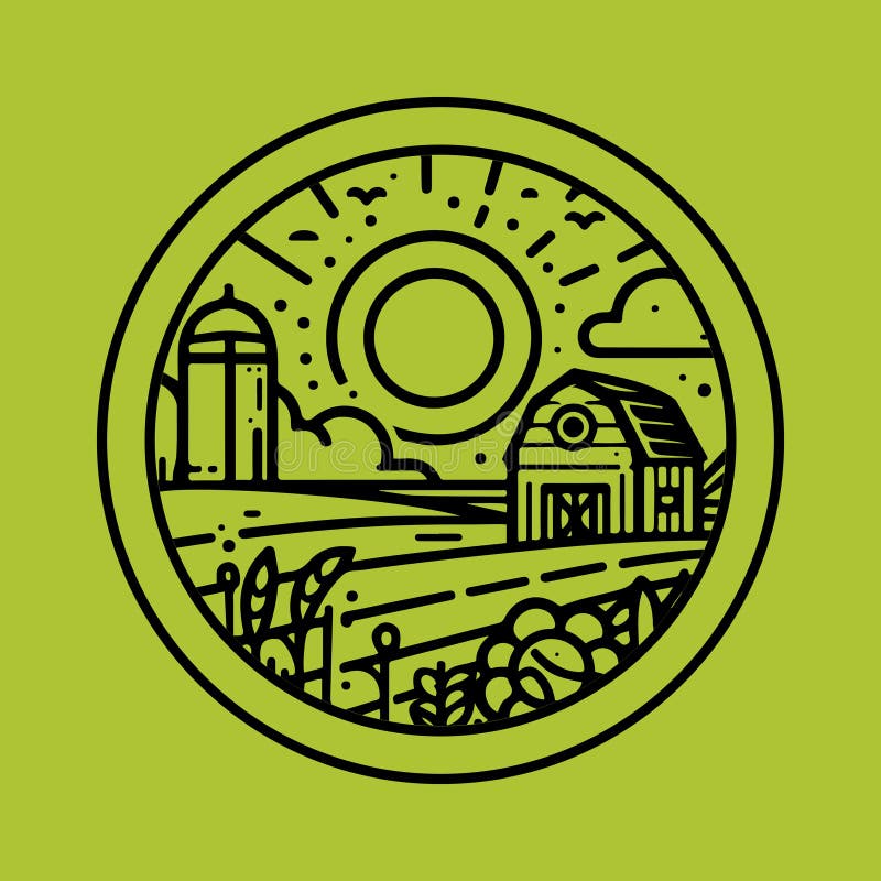 Linear Simple Landscape with Farm and Field in Circular Frame Stock ...