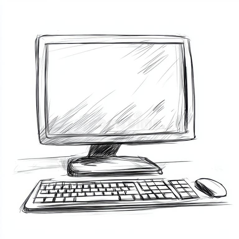 Linear Sketch of a Computer Monitor with Keyboard and Mouse Stock ...