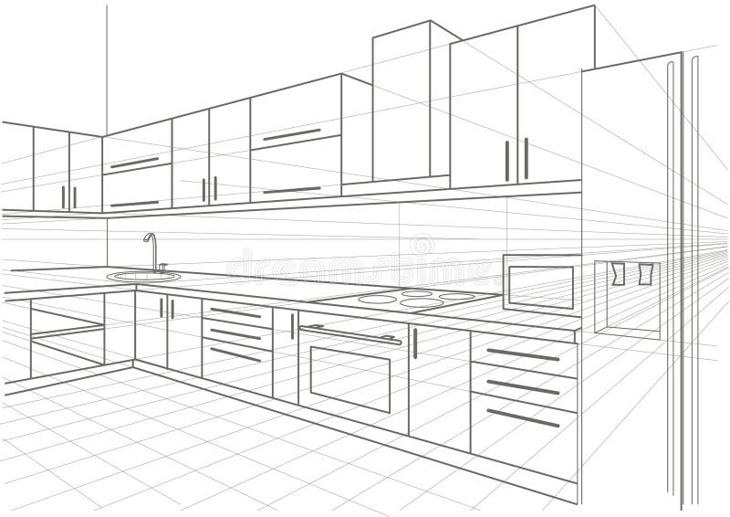 Linear Sketch Interior Kitchen Stock Vector - Illustration of concept ...
